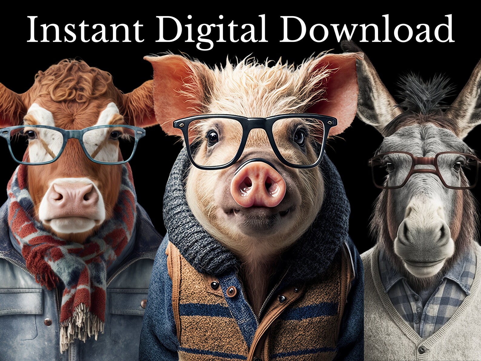 Hipster Farm Animal Clipart Bundle, Watercolor Art, Human Chicken PNG ...