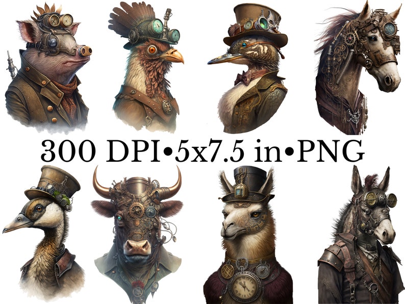 Steampunk Farm Animal Clipart Bundle Pngs With Transparent - Etsy
