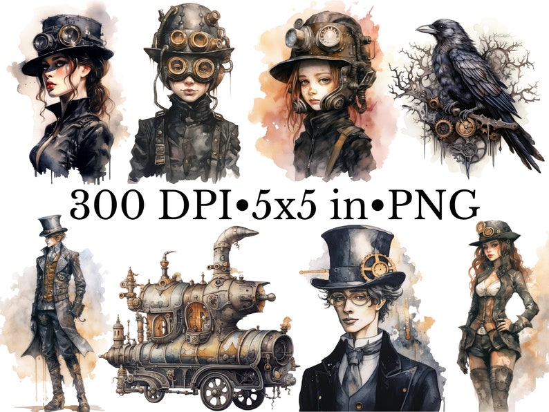 Raven Black Steampunk Clipart Bundle Steampunk Watercolor Art - Etsy