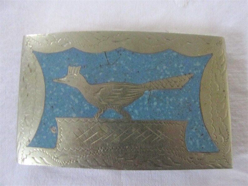 Silver Mexico Turquoise Roadrunner Chip Inlay Bird Image Belt Buckle ...