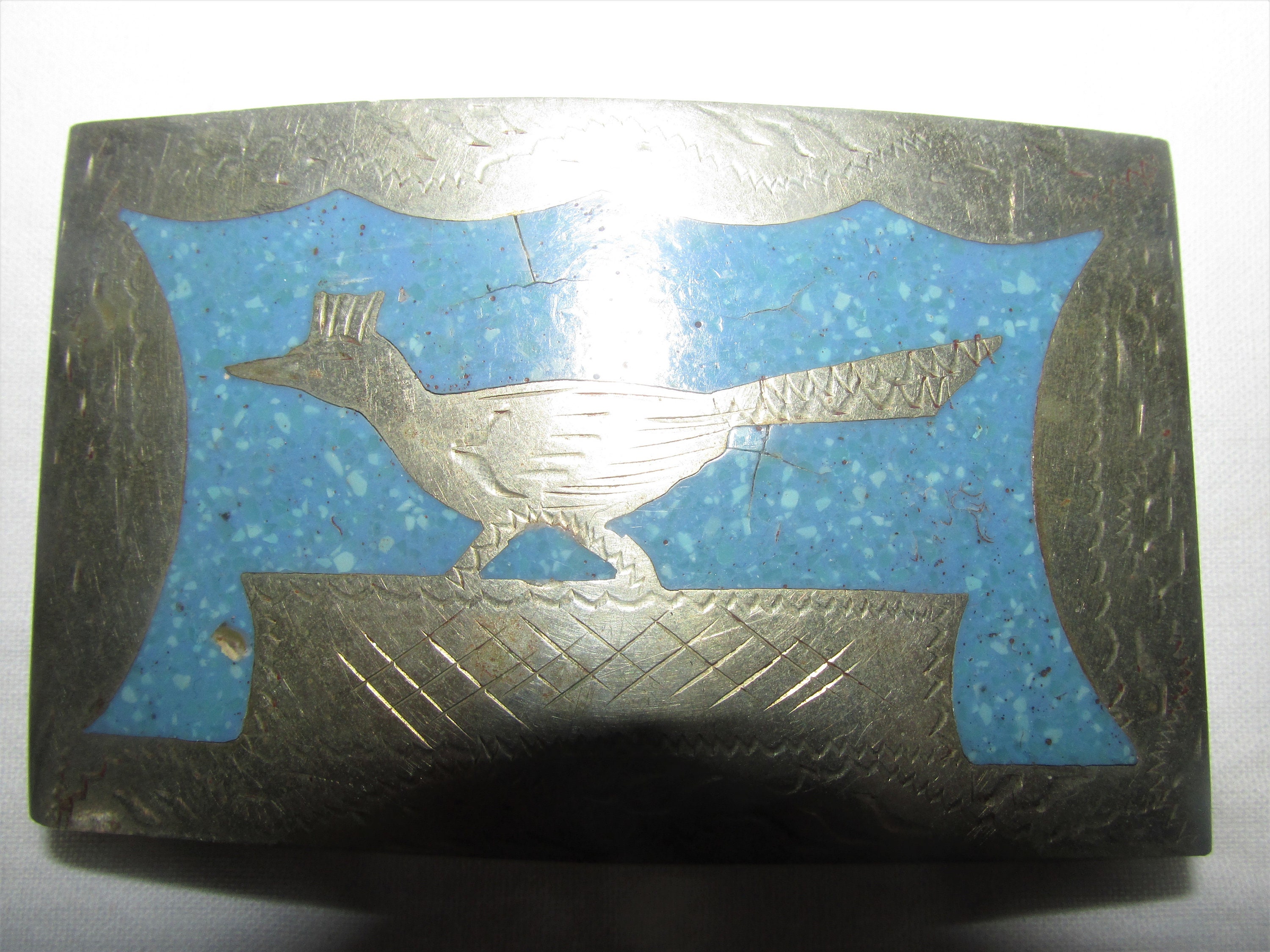 Silver Mexico Turquoise Roadrunner Chip Inlay Bird Image Belt Buckle ...