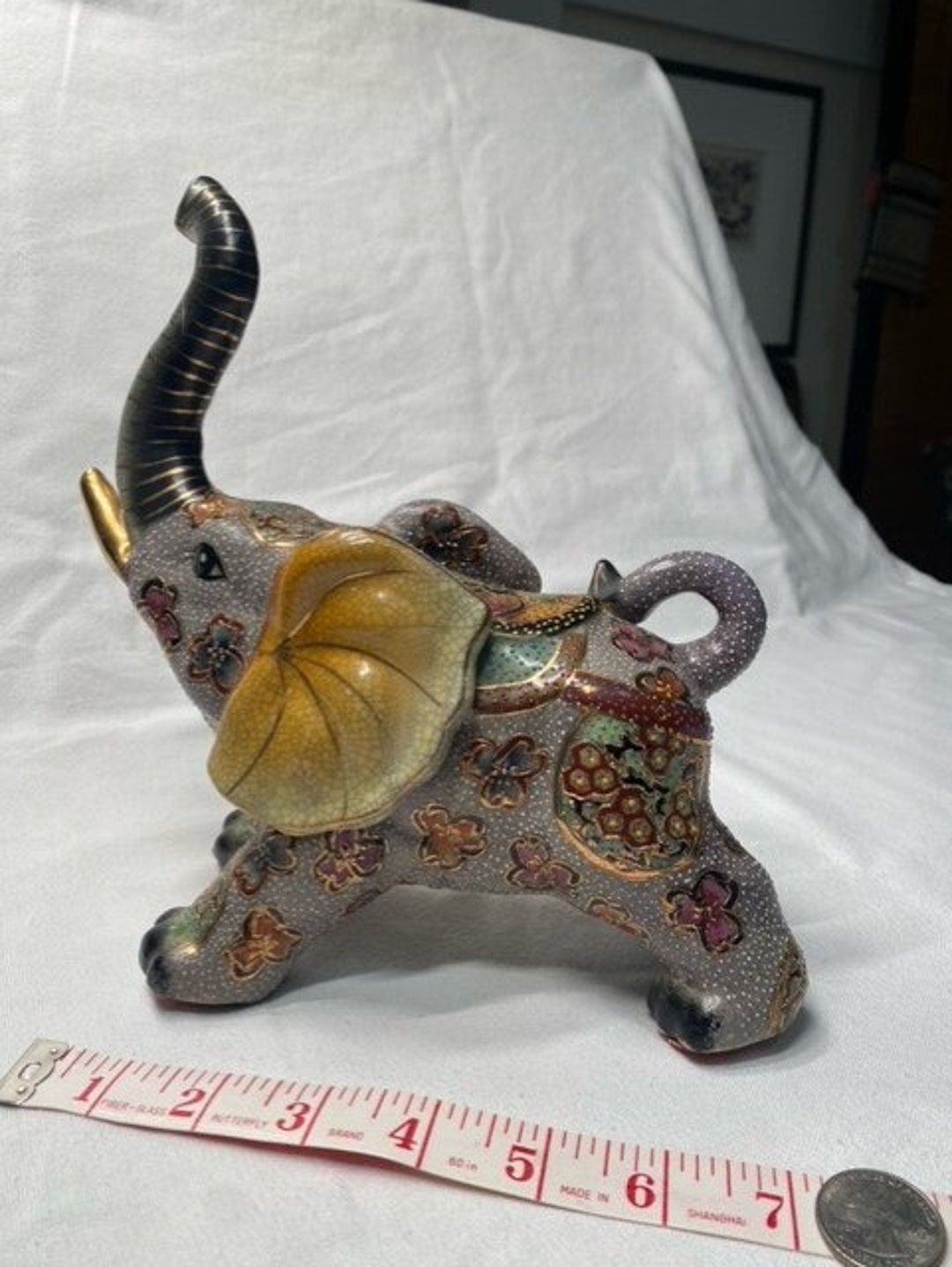 Elephant, Trunk Up, Feng Shui, Asian, Jeweled, Hand Painted, Gold Tusks ...