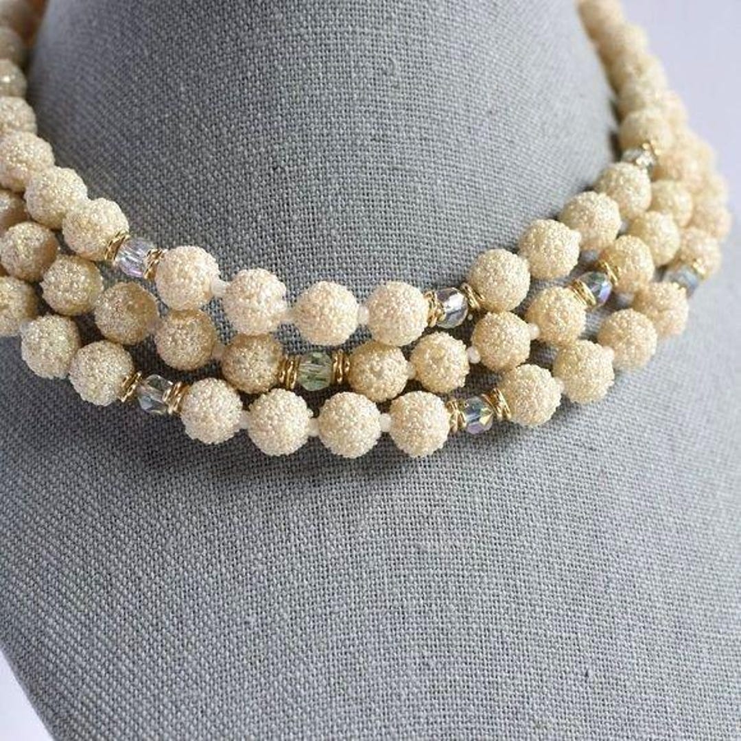 1960s Triple Strand Popcorn & Rhinestone Beads Choker Necklace | Japan ...