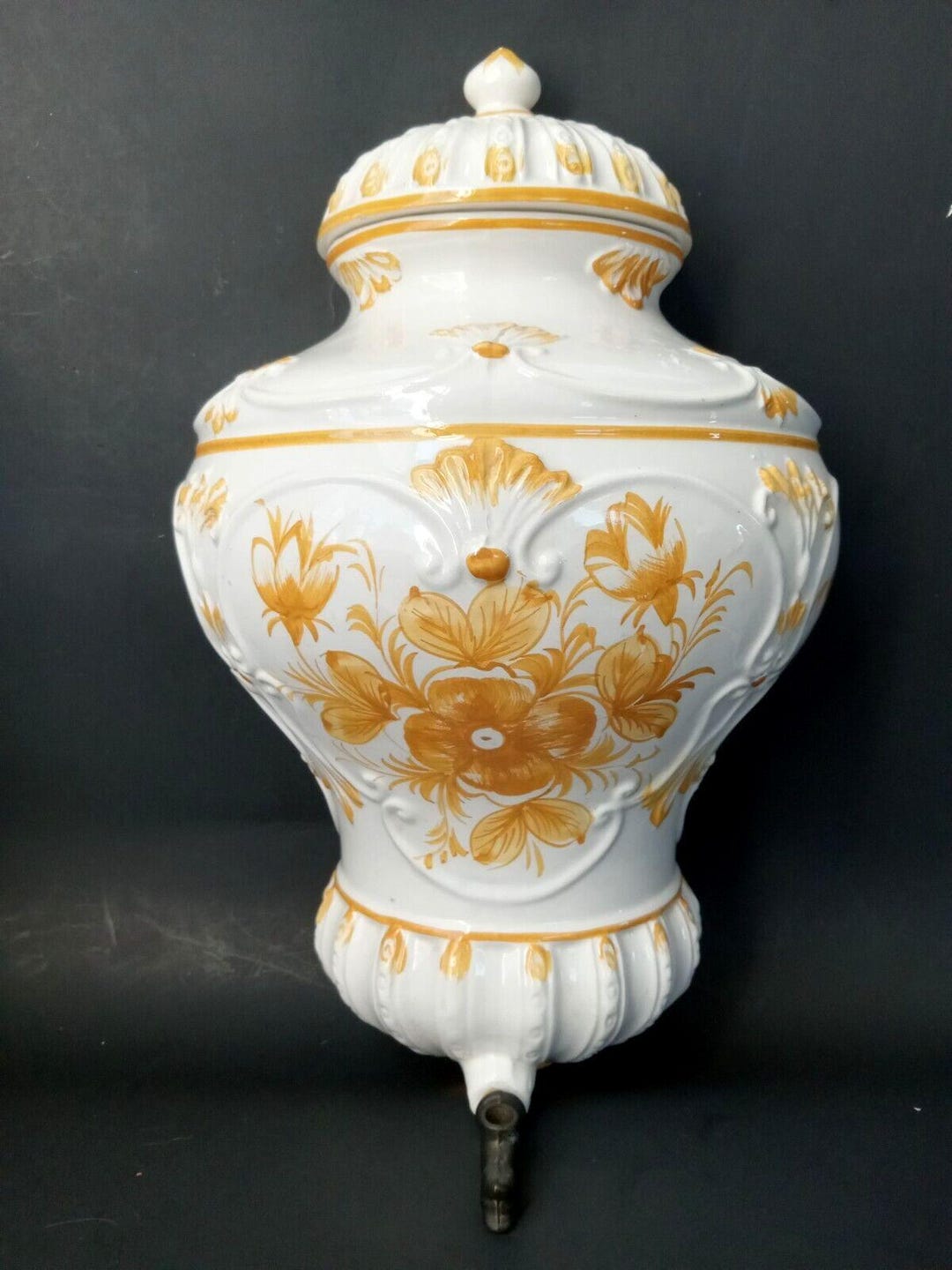 1990s Hand Painted Italian Lavabo Ceramic Yellow & White Wall Fountain ...