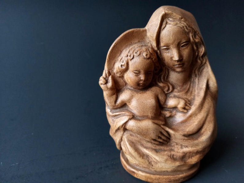19th Century Madonna & Child Virgin Mary Miniature Pyrography Figure ...