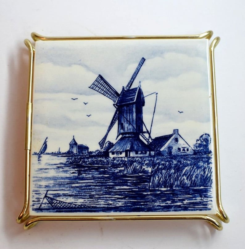 Vintage Delft Blue & White Windmill Tile Trivet Signed Holland Wreath G Mark - Etsy