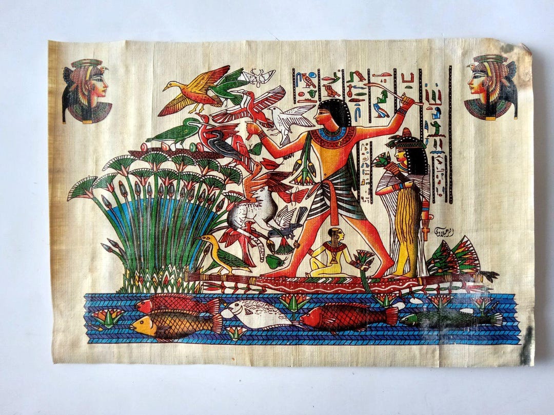 Egyptian Mythology Painting on Papyrus 11x8 (signed ?) Vibrant Colors ...