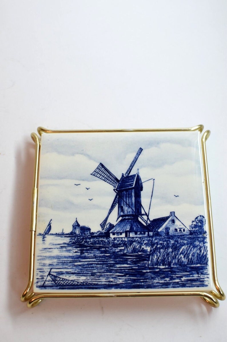 Vintage Delft Blue & White Windmill Tile Trivet Signed Holland Wreath G Mark - Etsy