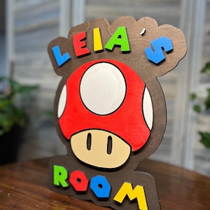 Handcrafted Mario Mushroom Logo Name Sign Gift for Kids Bedroom Door ...