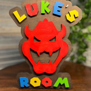 Handcrafted Mario Bowser Logo Name Sign Gift for Kids Bedroom Door With ...