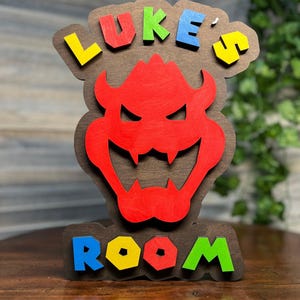 Handcrafted Mario Bowser Logo Name Sign Gift for Kids Bedroom Door With ...