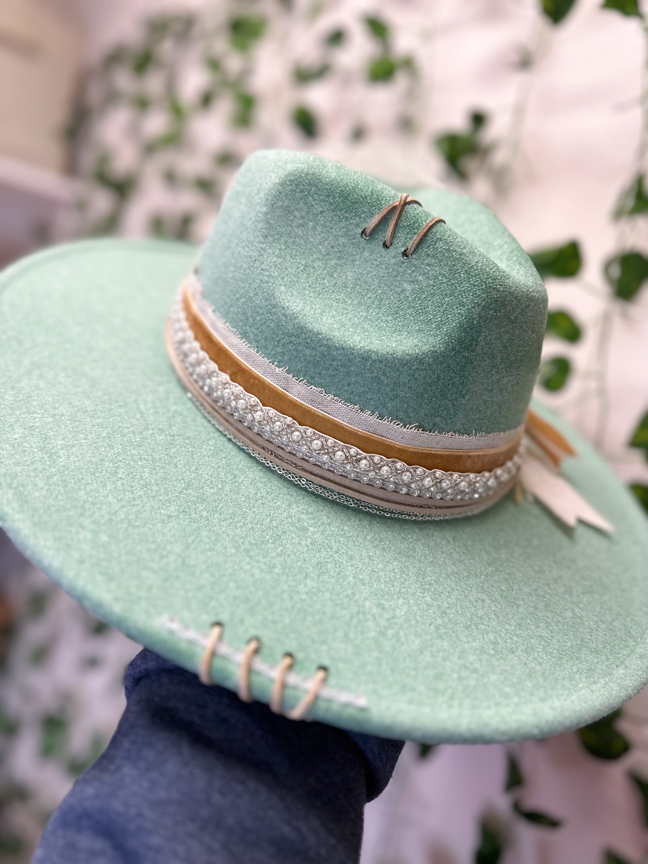 Elegant Mint Hand-decorated Wide Brim Hat L/XL - Etsy