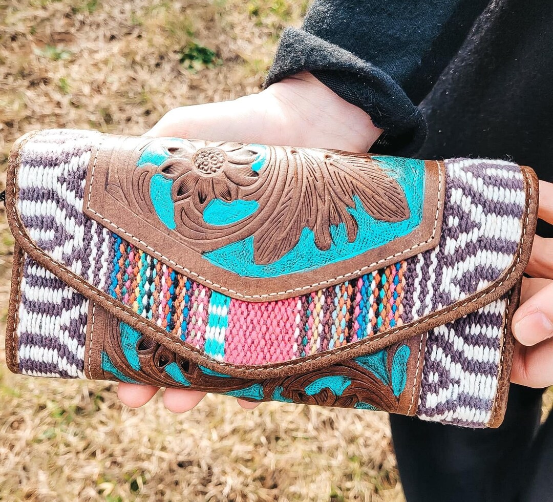 Hand-tooled Leather & Rug Wallet - Etsy