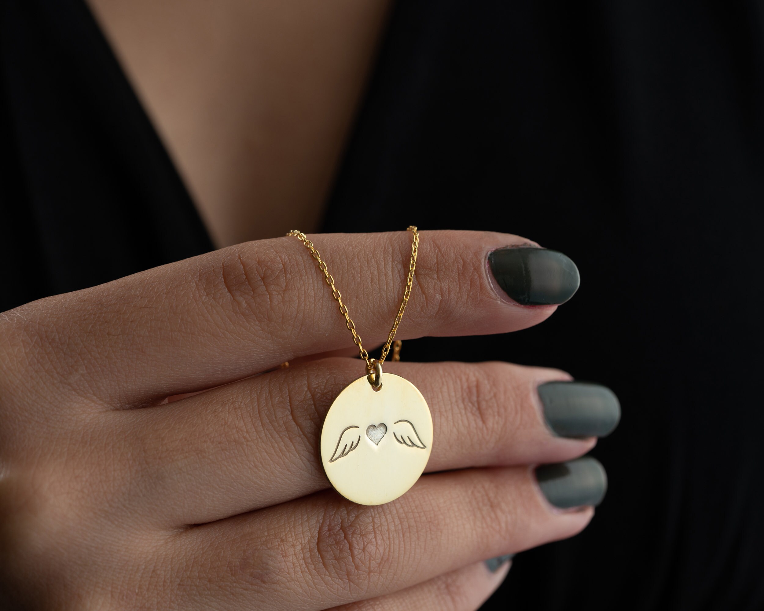 Engraved Angel Wings Disc Necklace, Custom Angel Wings Initial Necklace ...