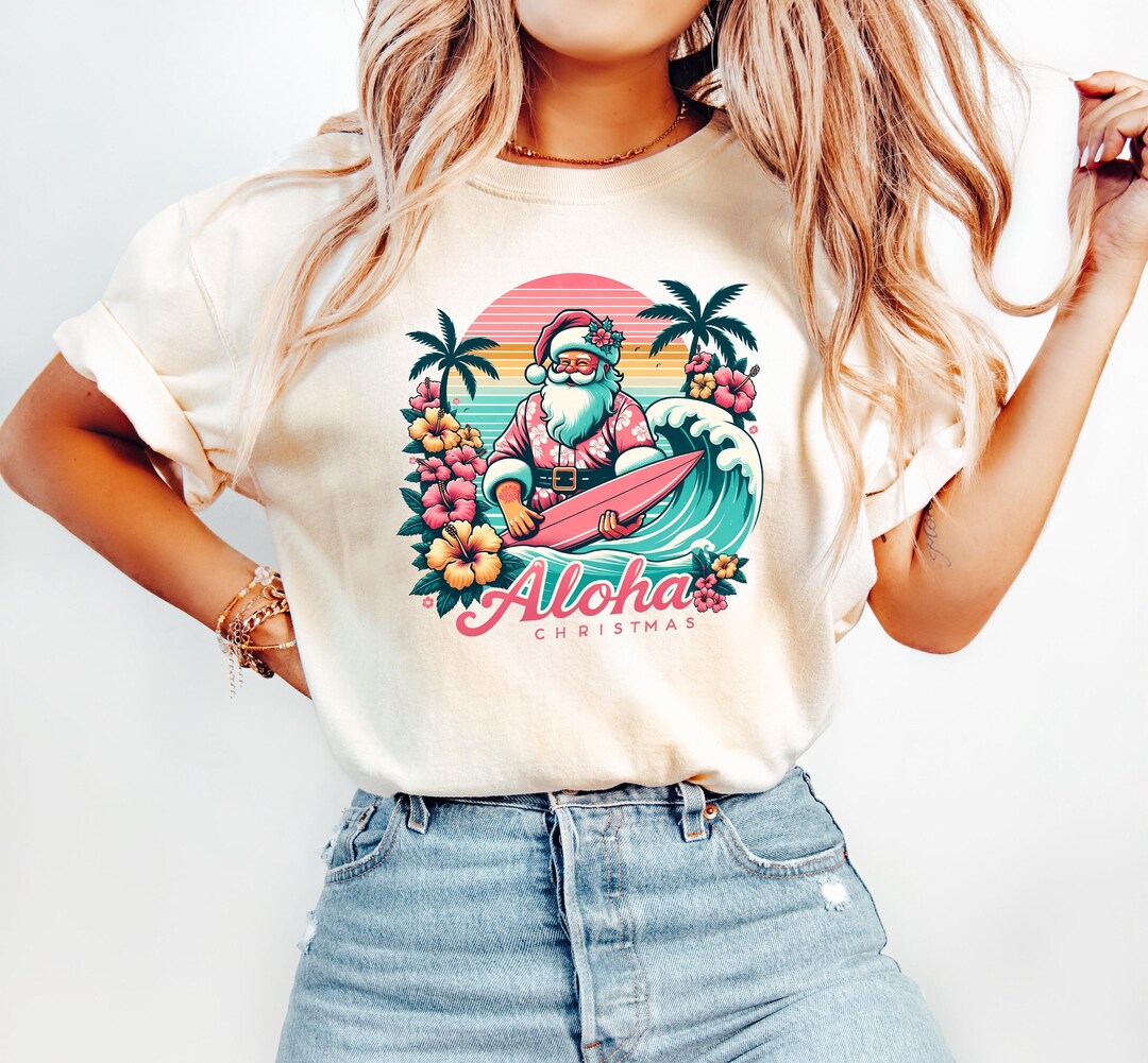 Comfort Colors Aloha Christmas Shirt, Surfing Santa Shirt, Hawaiian ...