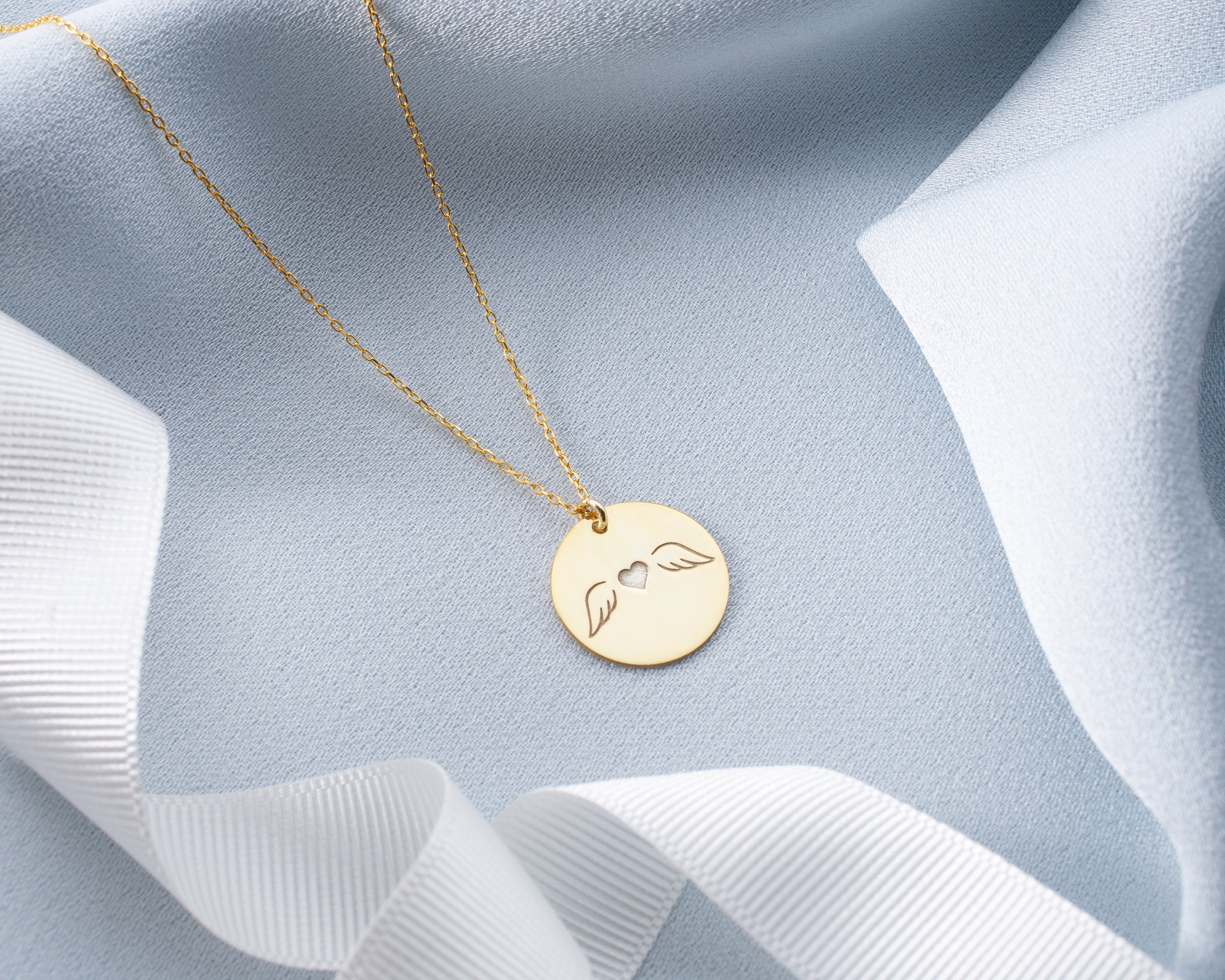 Engraved Angel Wings Disc Necklace, Custom Angel Wings Initial Necklace ...