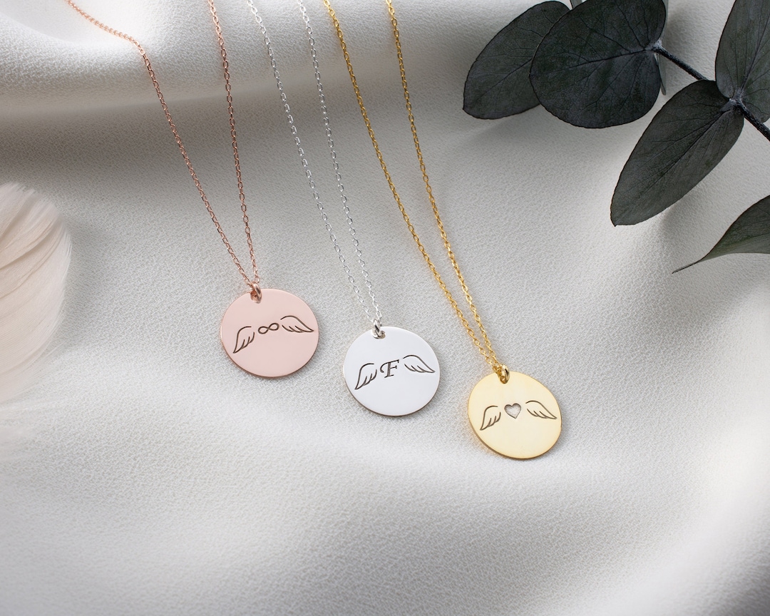 Engraved Angel Wings Disc Necklace, Custom Angel Wings Initial Necklace ...