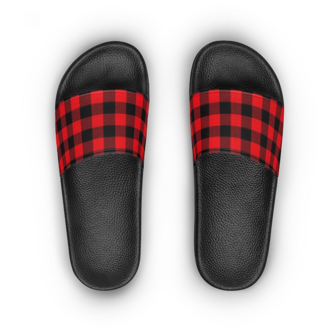 Christmas Plaid Slide Sandals for Women, Holiday Cozy Slip-ons, Red and ...