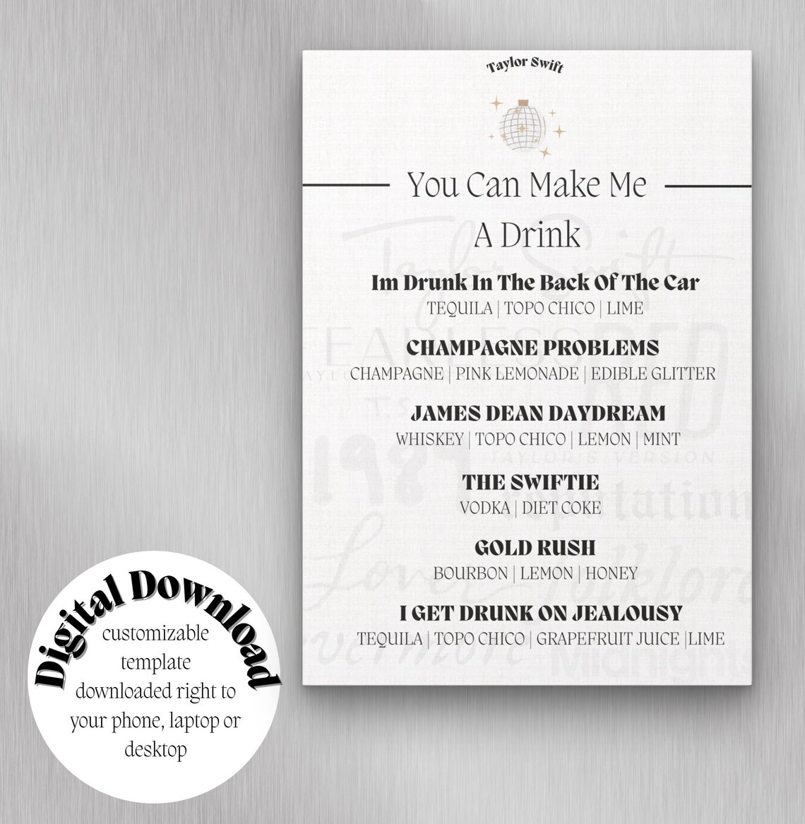 CUSTOMIZABLE Taylor Swift Themed Drink Menu - Etsy
