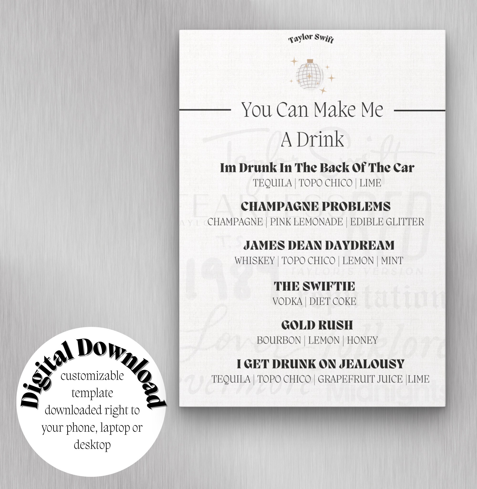CUSTOMIZABLE Taylor Swift Themed Drink Menu - Etsy