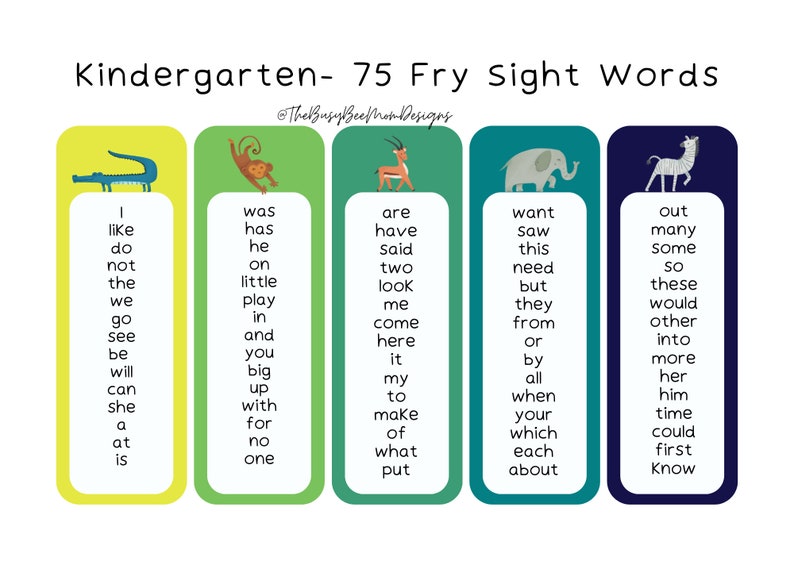 Kindergarten Fry Sight Words Printable Bookmarks Warm Tones - Etsy