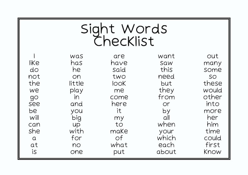 Kindergarten Fry Sight Words Printable Bookmarks - Etsy