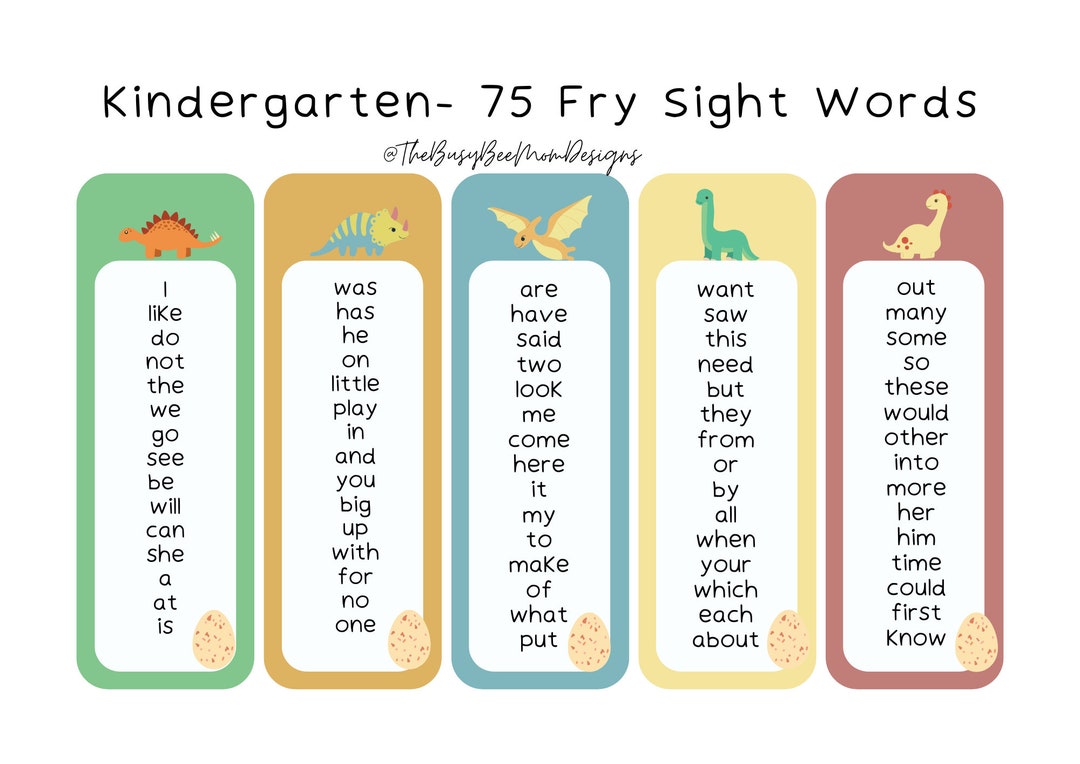 Kindergarten Fry Sight Words Printable Bookmarks Warm Tones - Etsy