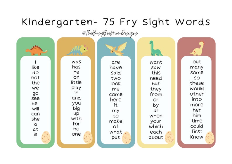 Kindergarten Fry Sight Words Printable Bookmarks Warm Tones - Etsy