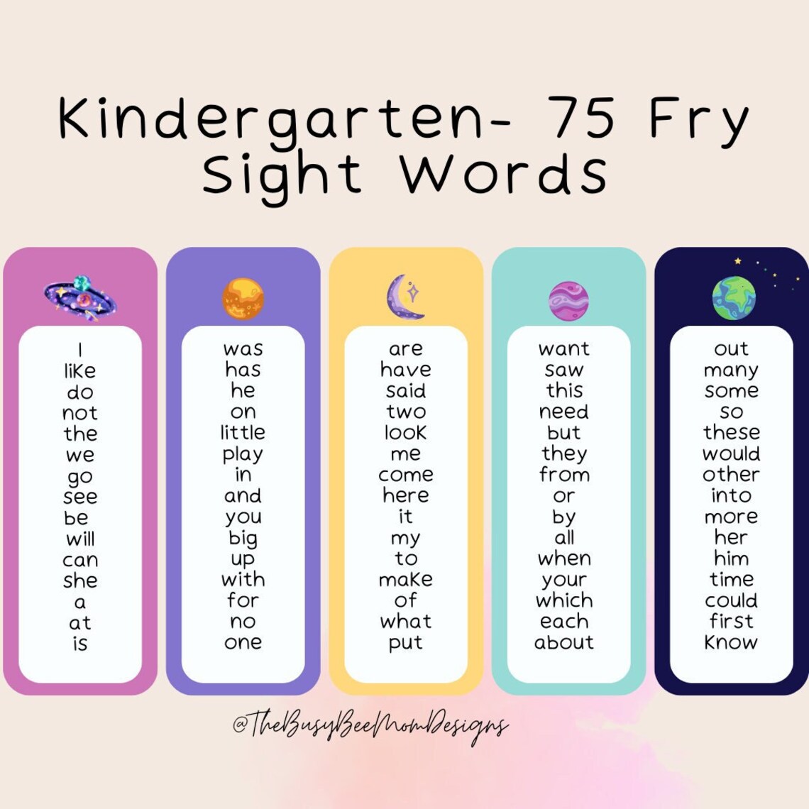 Kindergarten Fry Sight Words Printable Bookmarks - Etsy