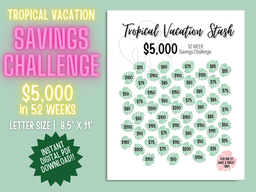 Vacation Savings Challenge | 5000 in 52 Weeks | Tropical | PDF Digital ...