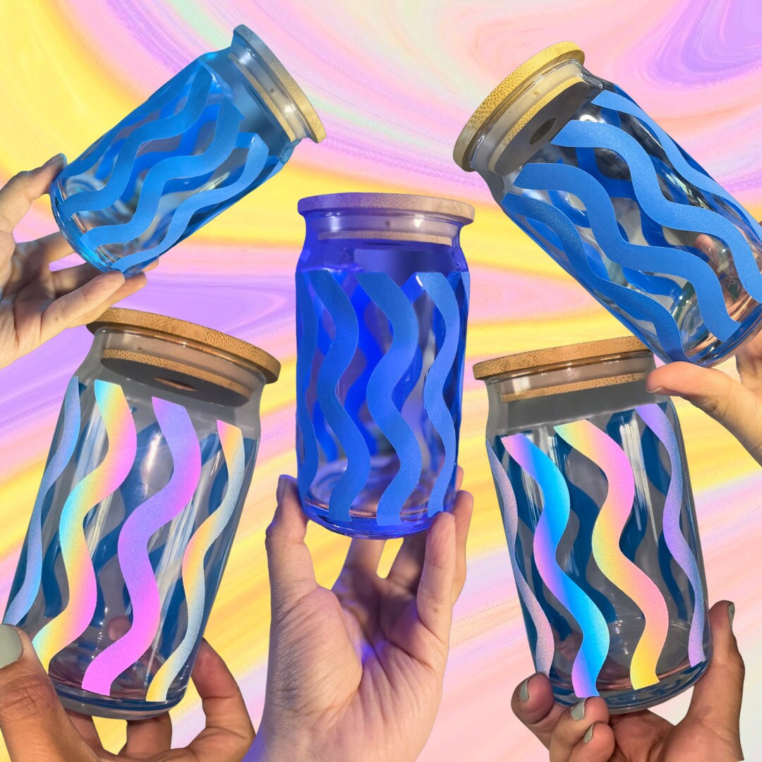 Iced Coffee Cup Beer Can Glass Rainbow Blue Blue Reflective Glass Can Retro Glass Cup Glass