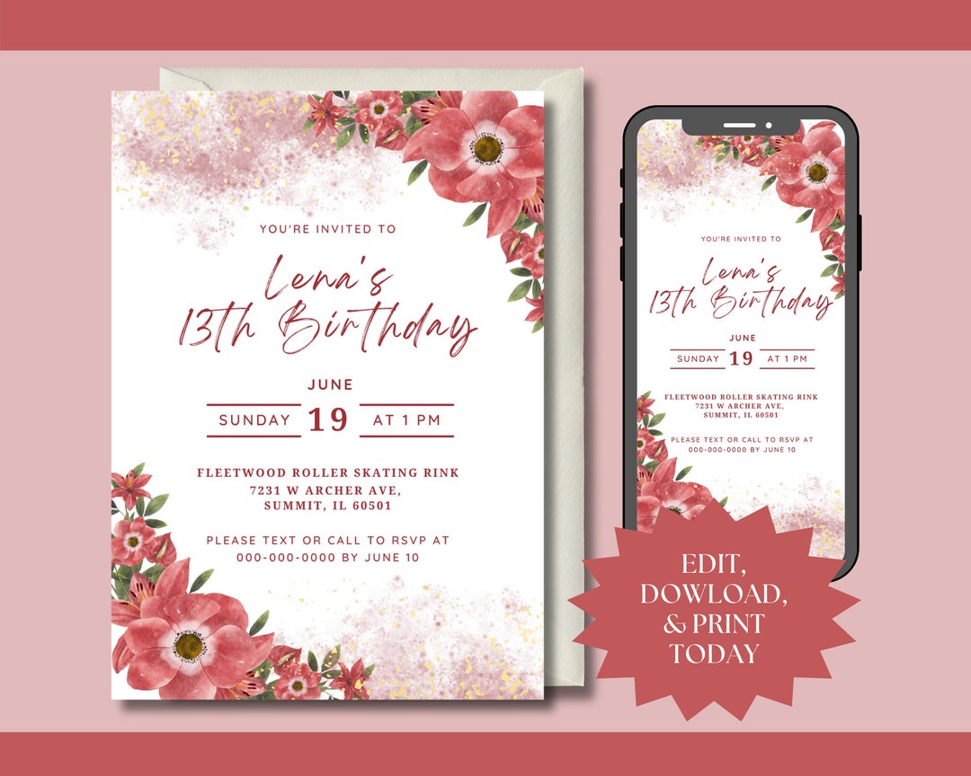 Red Floral Birthday Invitation, Flowers, Floral, Girl Birthday, Instant ...