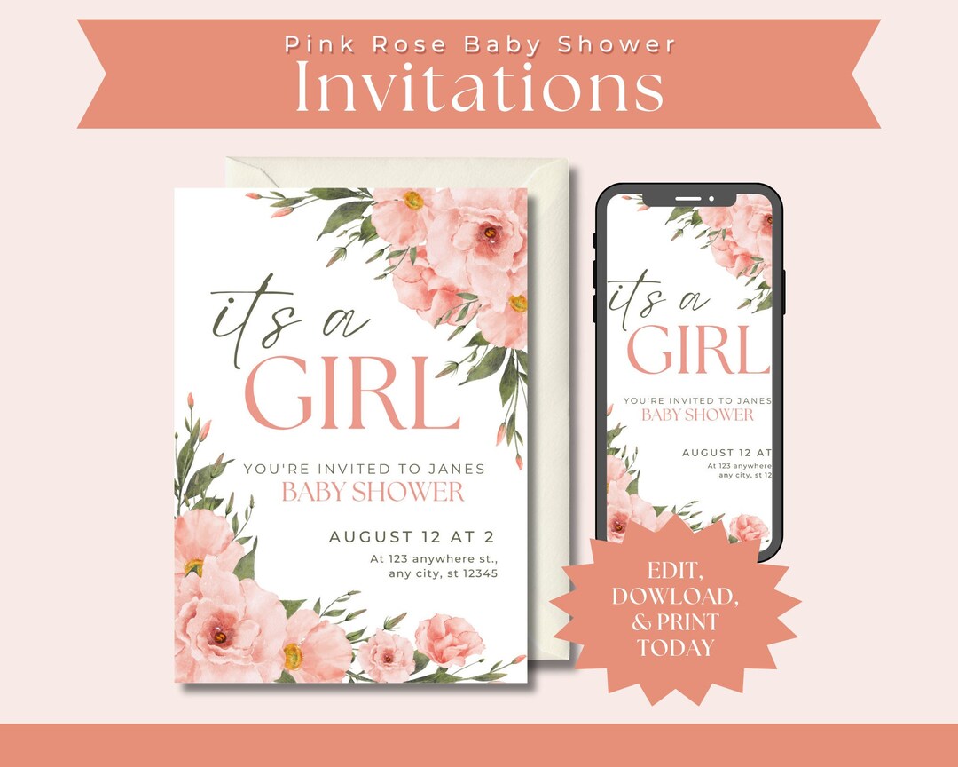Pink Rose Baby Shower Invitation, Baby Girl, Flowers, Floral, Instant ...