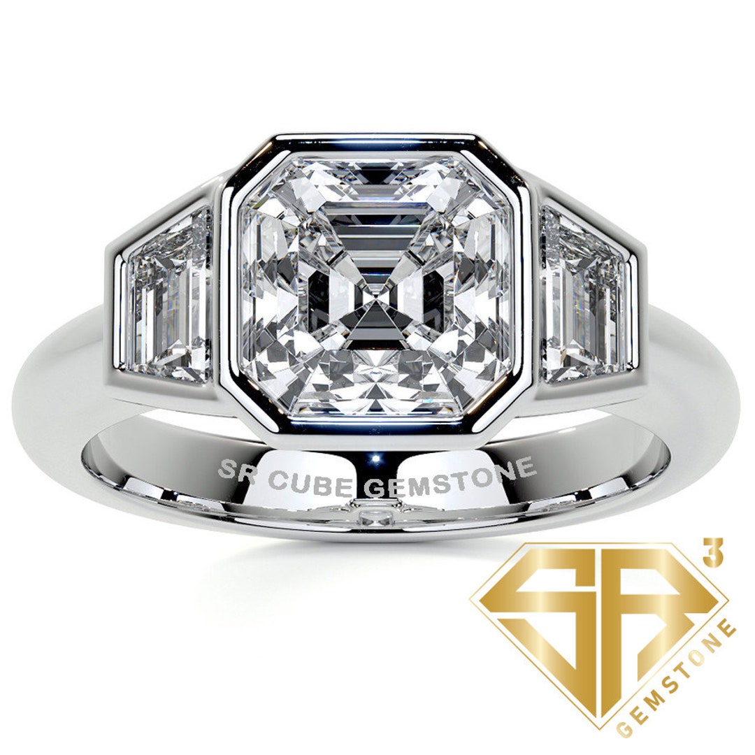 Bezel Set Three Stone Engagement Ring,8x8 MM Asscher Cut Moissanite ...