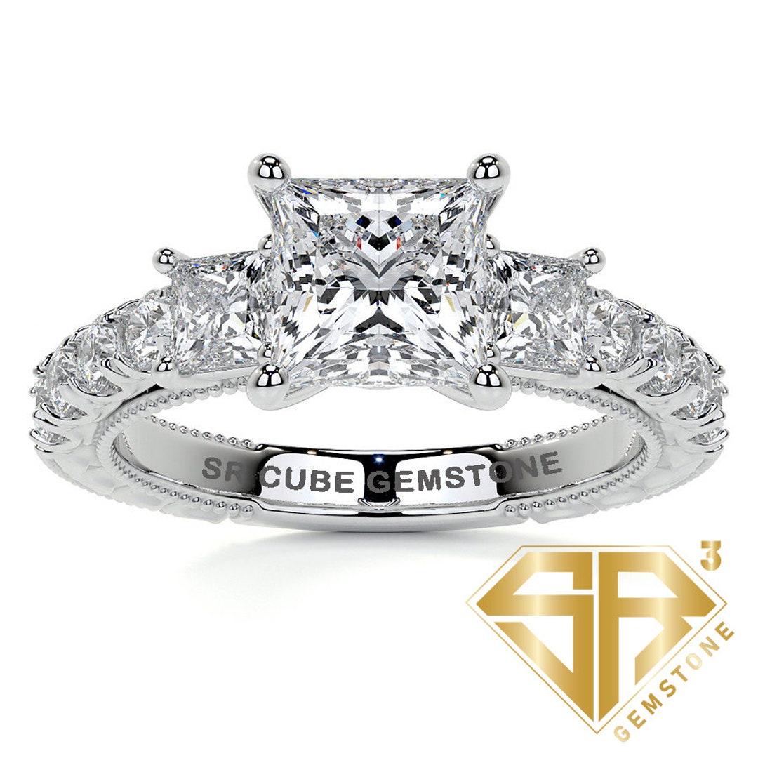 2 CT Center Stone Princess Moissanite Anniversary Ring, Unique Three ...