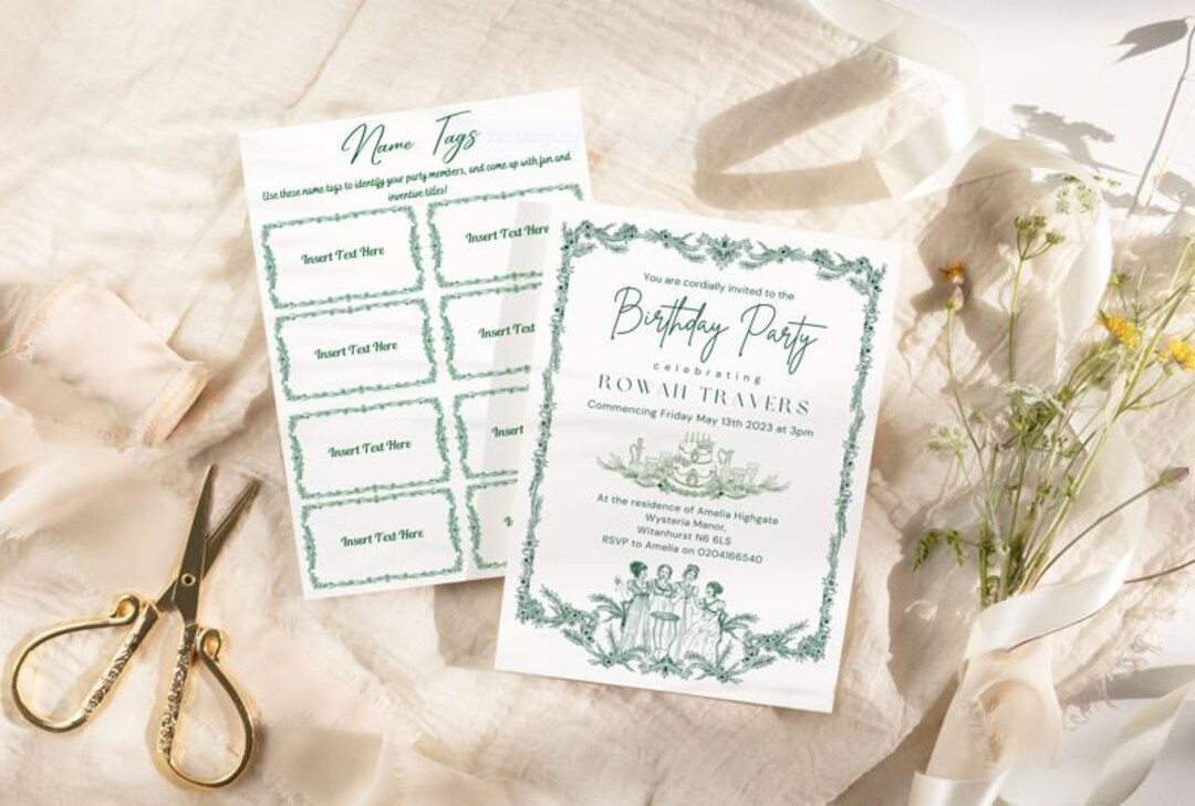 Regency Themed Birthday Invitation Set With Unique Hand-drawn Artwork ...