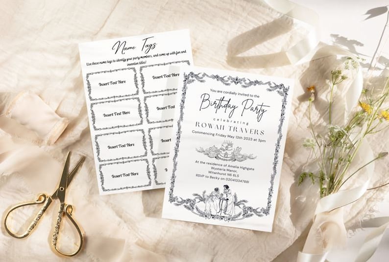 Regency Themed Birthday Invitation Set With Unique Hand-drawn Artwork ...