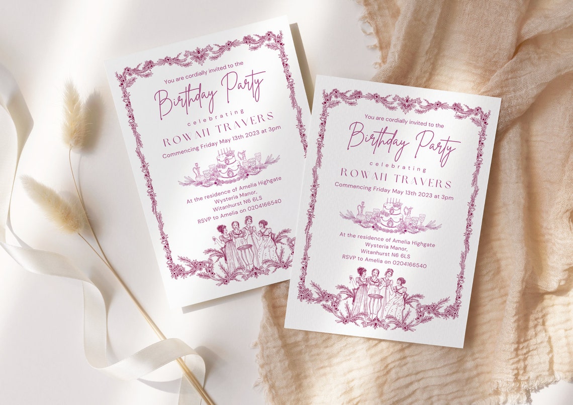Regency Themed Birthday Invitation With Unique Hand-drawn Artwork for ...