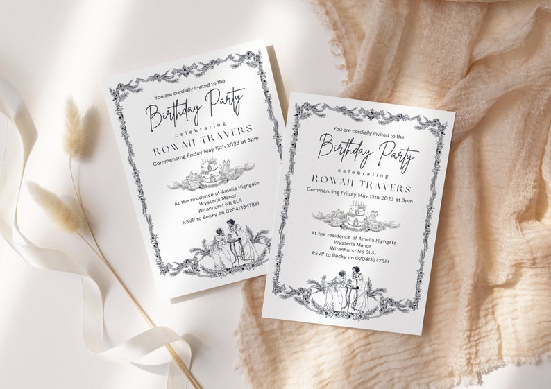 Regency Themed Birthday Invitation Set With Unique Hand-drawn Artwork ...