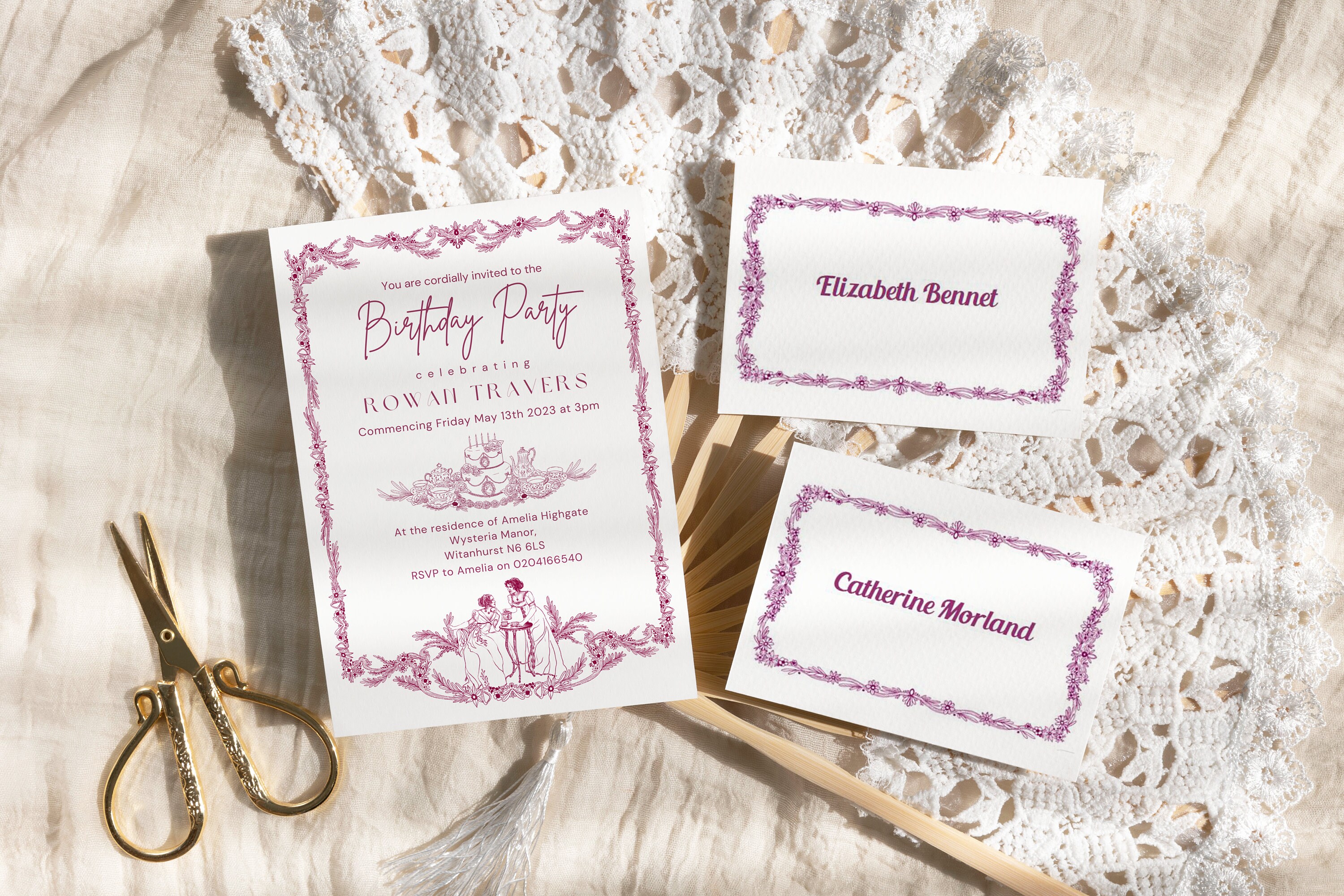 Regency Themed Birthday Invitation Set With Unique Hand-drawn Artwork ...