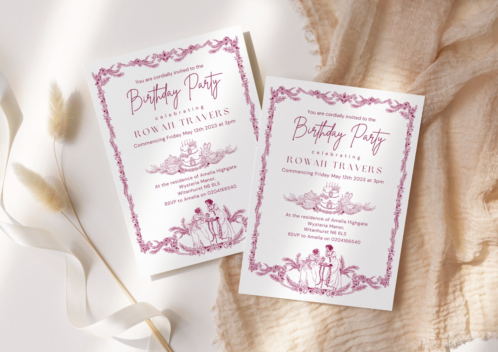 Regency Themed Birthday Invitation Set With Unique Hand-drawn Artwork ...