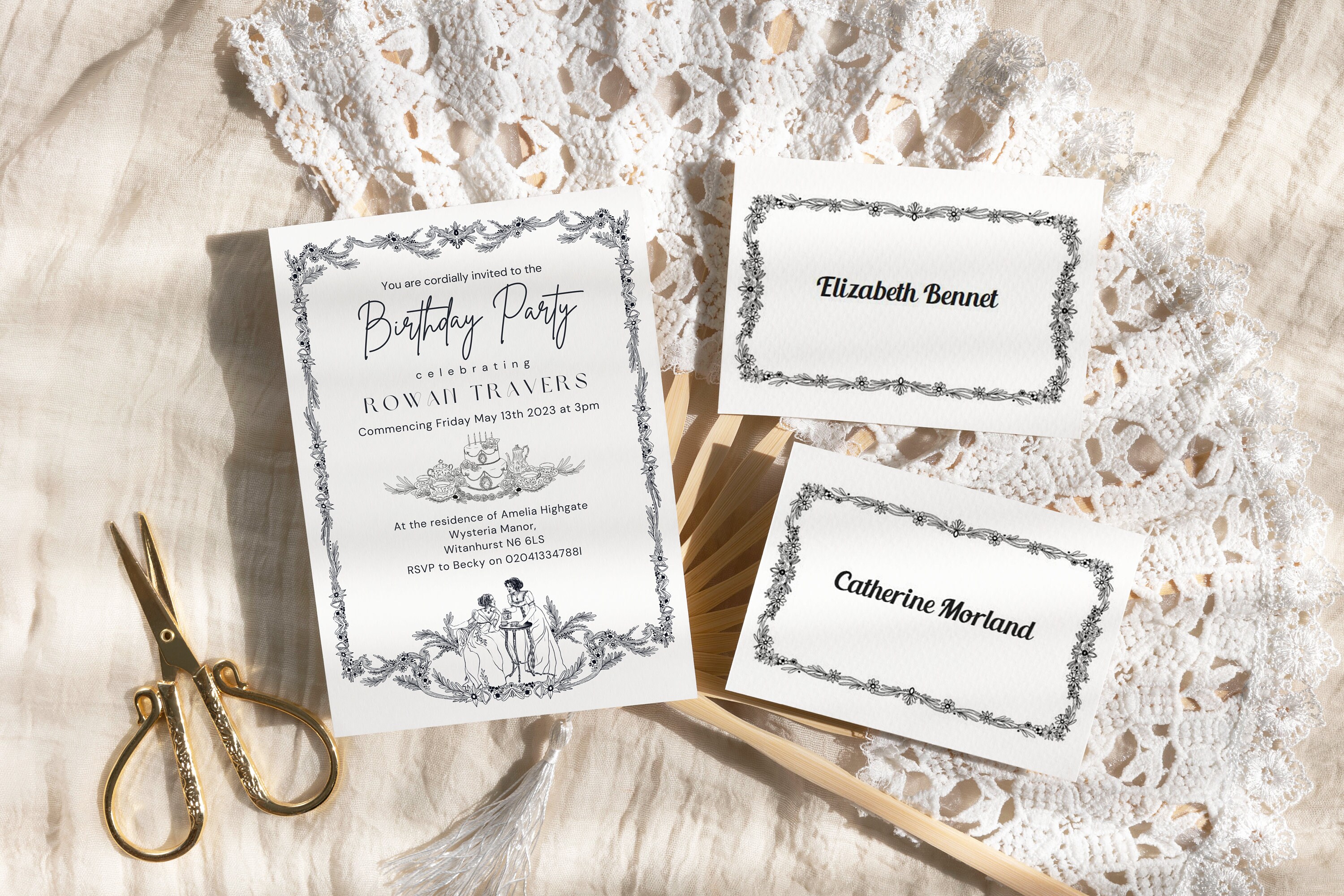 Regency Themed Birthday Invitation Set With Unique Hand-drawn Artwork ...