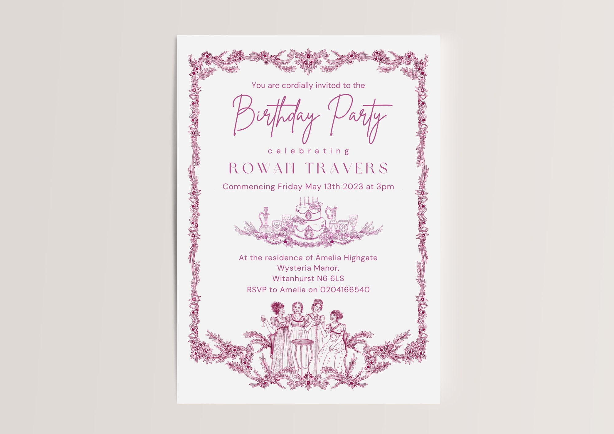 Regency Themed Birthday Invitation With Unique Hand-drawn Artwork for ...