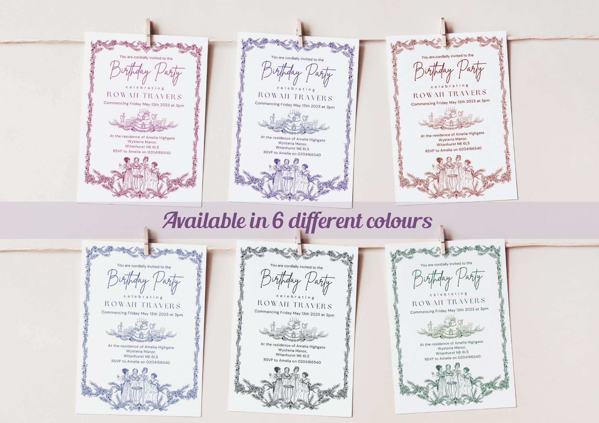 Regency Themed Birthday Invitation Set With Unique Hand-drawn Artwork ...