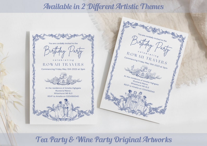 Regency Themed Birthday Invitation Set With Unique Hand-drawn Artwork ...