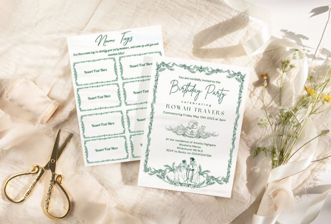 Regency Themed Birthday Invitation Set With Unique Hand-drawn Artwork ...