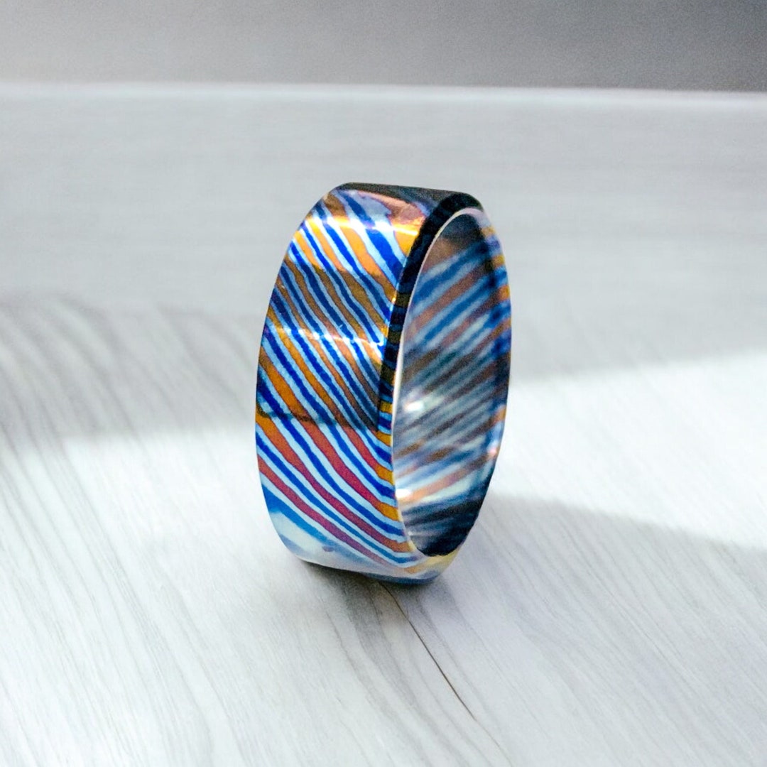 Timascus Ring Colorful Titanium Damascus Ring Mens Wedding Ring Mens ...