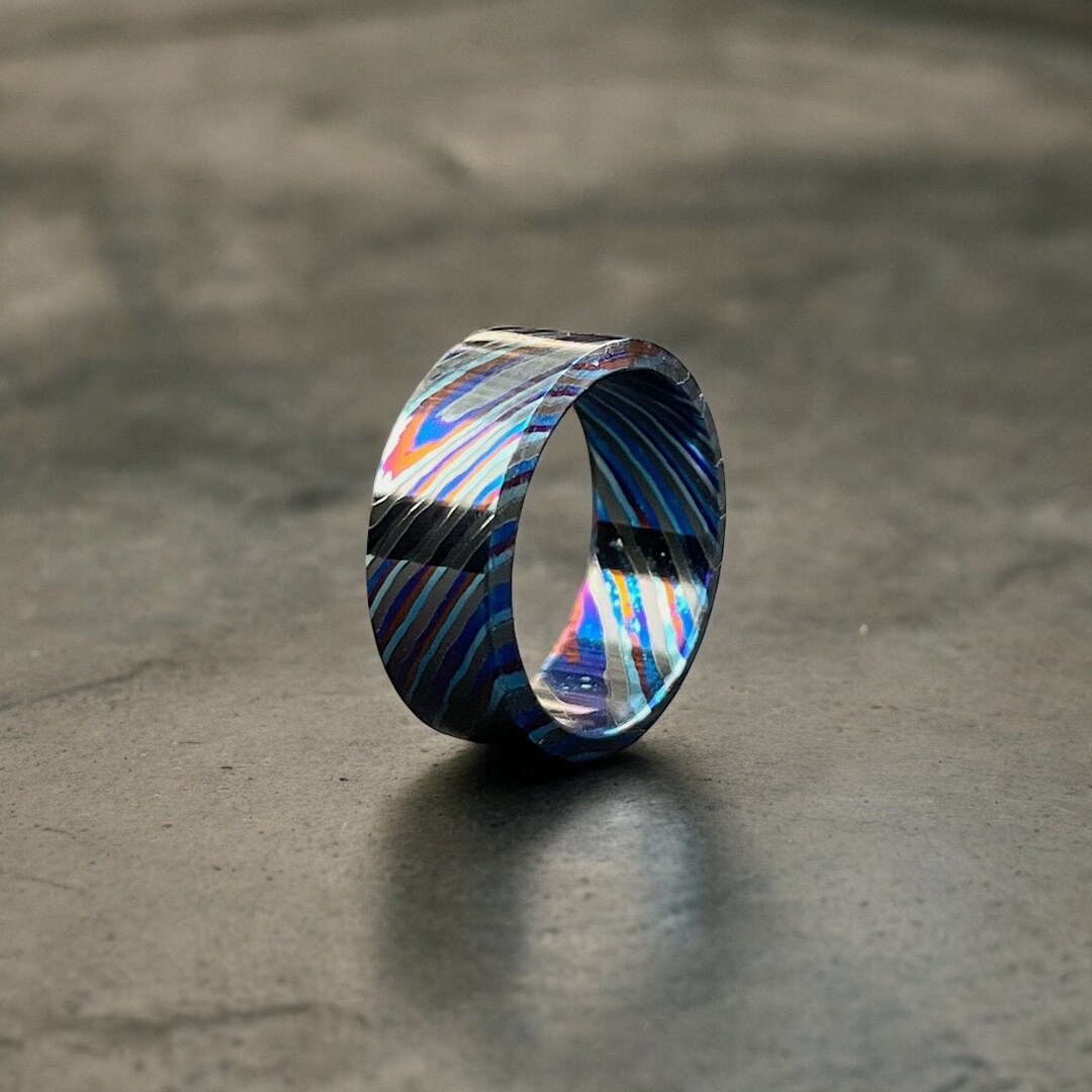 Zirconium Damascus Ring Unique Wedding Ring Couples Promise Ring for Him Exclusive Black ...