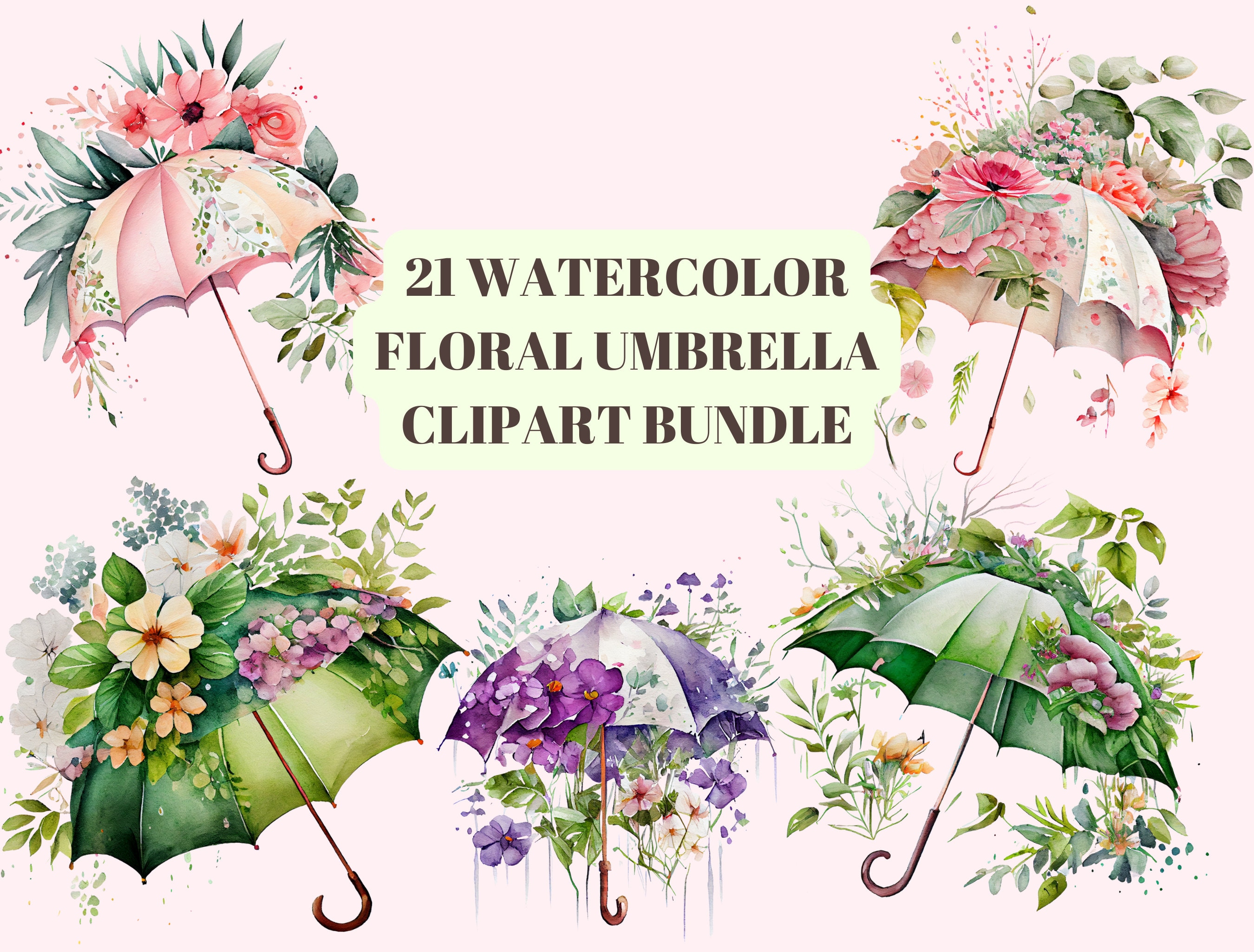 Summer Garden Floral Umbrella Clipart Bundle - Colorful Watercolor ...