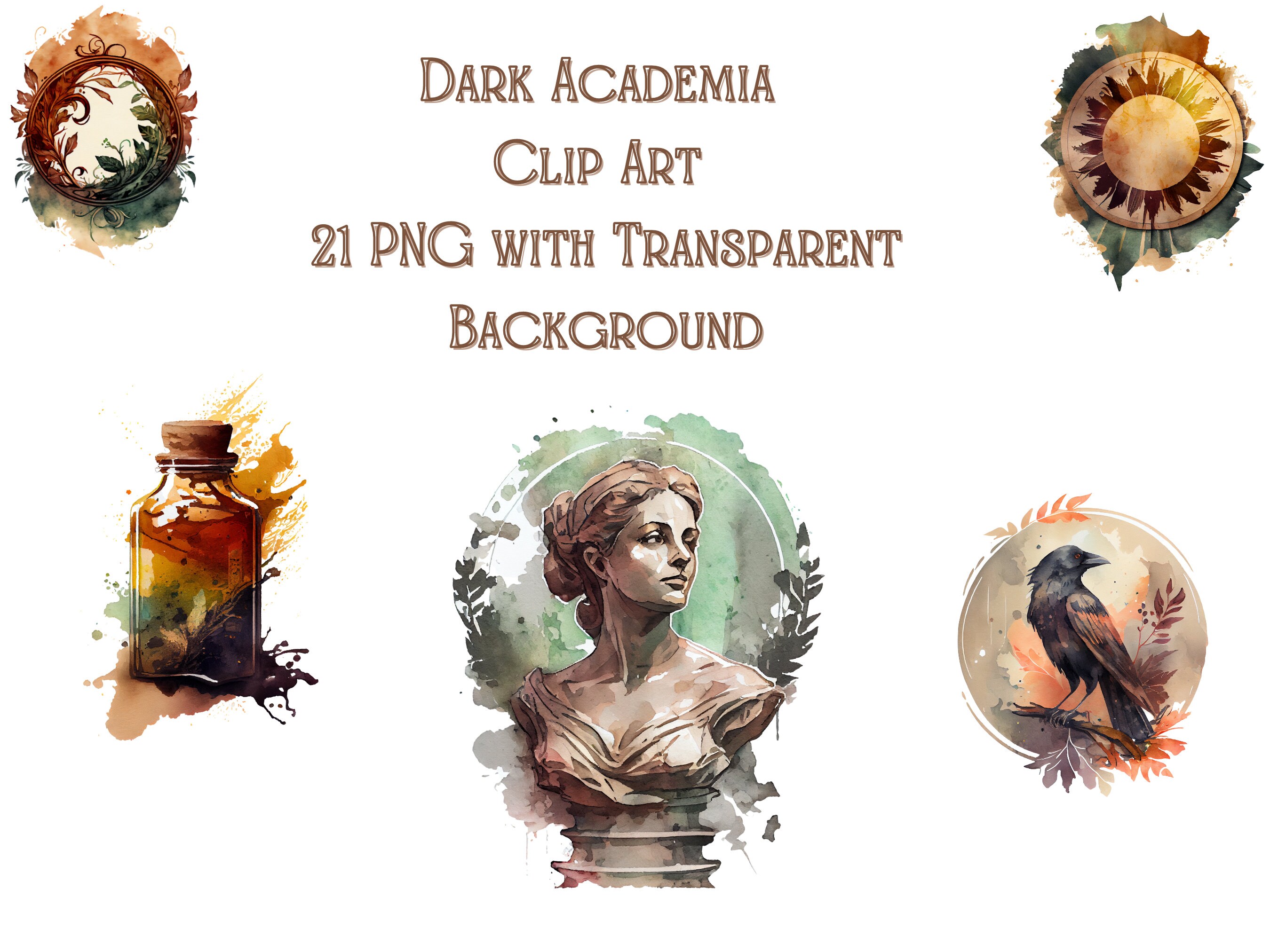 Dark Academia Watercolor Clipart Bundle Bust, Raven, Skull, and More High-quality Vintage Gothic ...